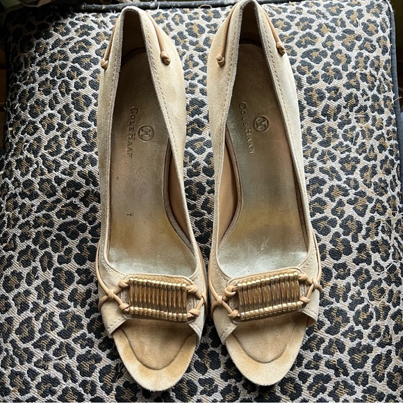 Cole Haan | Shoes | Cole Haan Suede Tan Peep Toe Heels With Gold ...